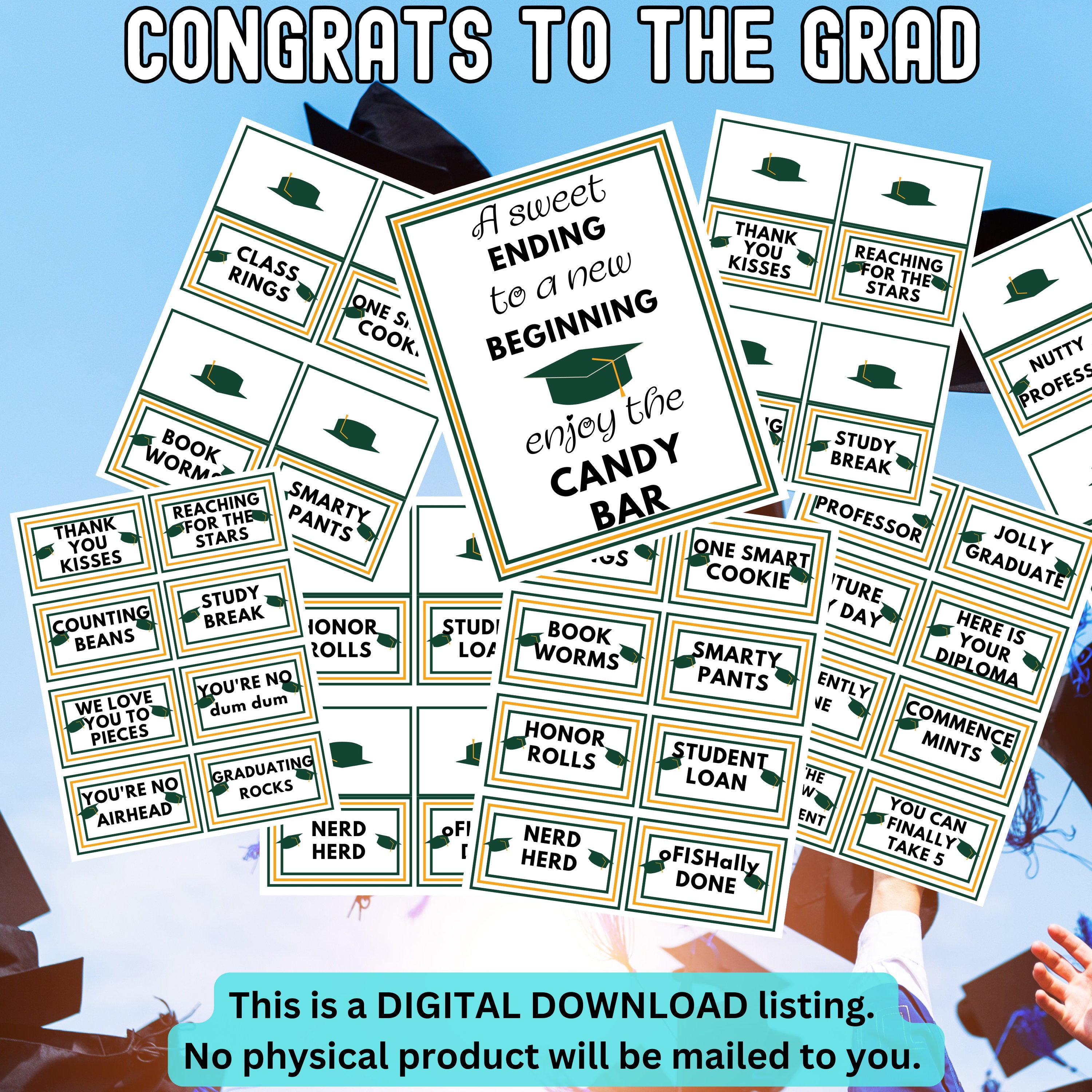 Graduation Candy Buffet Sign and Labels Printable, Green Gold Candy Bar ...