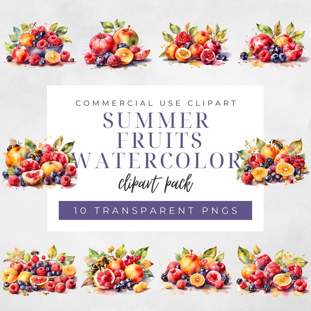 Summer Fruits Watercolor Clipart, Summer Fruits Some With Bees, Citrus ...