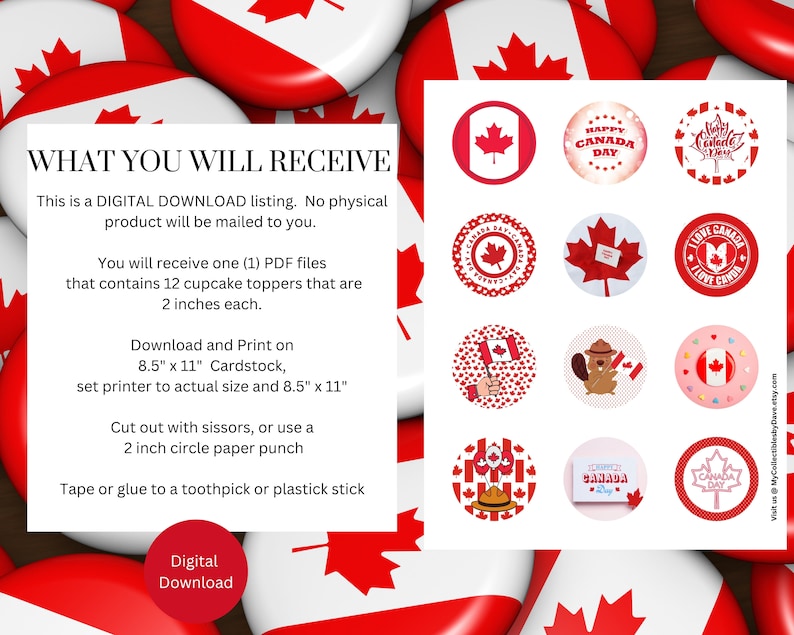 Canada Day Cupcake Topper Printable Download, 12 Designs, 2 Inch Each ...