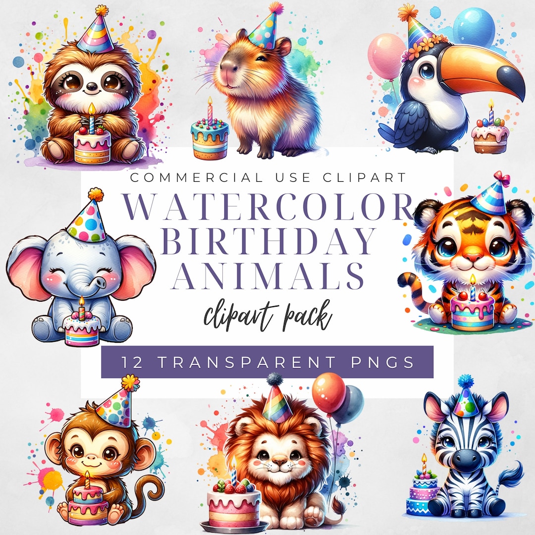 Watercolor Birthday Animals Clipart, Cute Jungle Animals in Birthday ...
