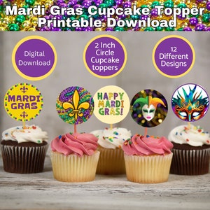 Mardi Gras Cupcake Topper Printable Download, 12 Designs, 2 Inch Each ...