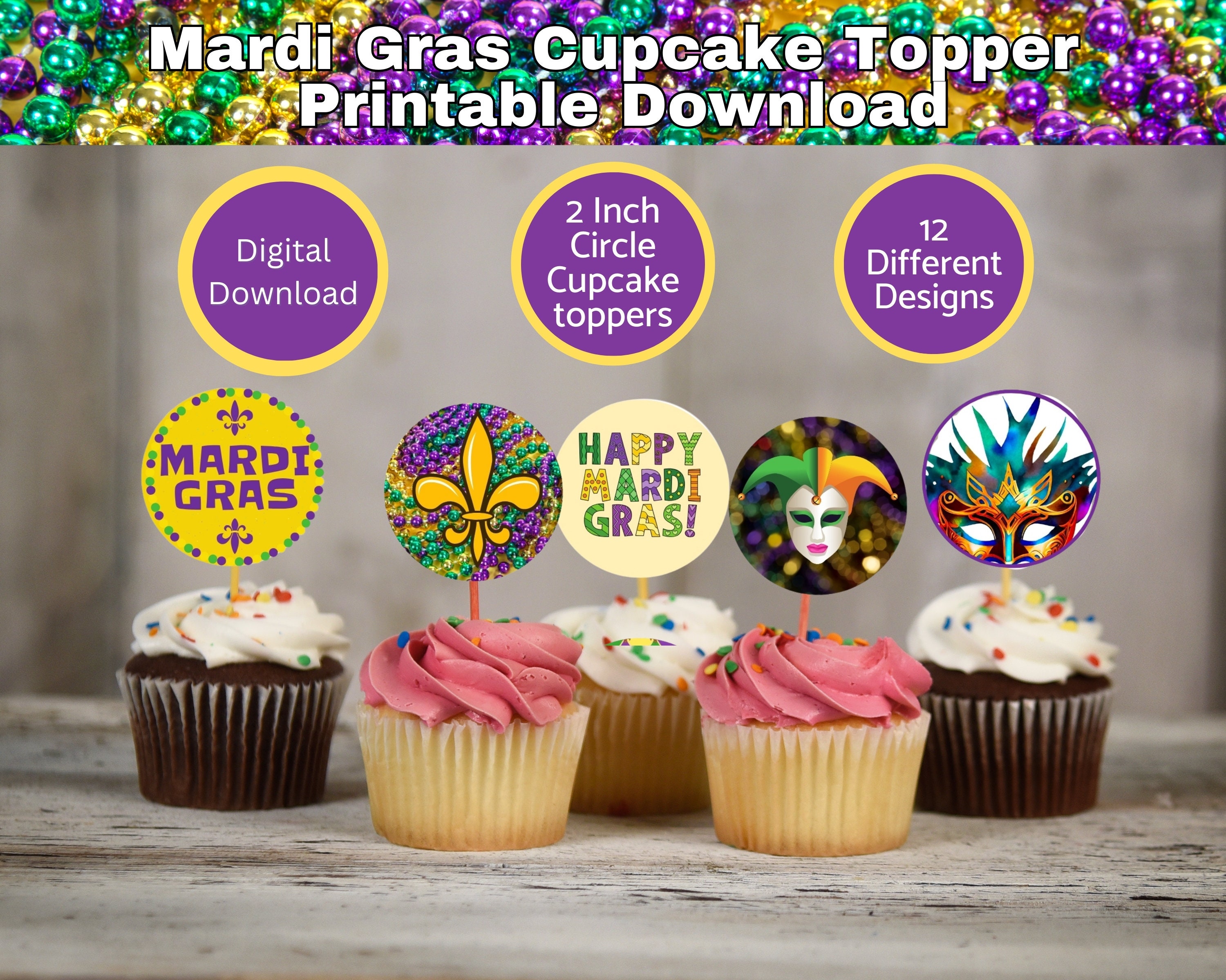 Mardi Gras Cupcake Topper Printable Download, 12 Designs, 2 Inch Each ...