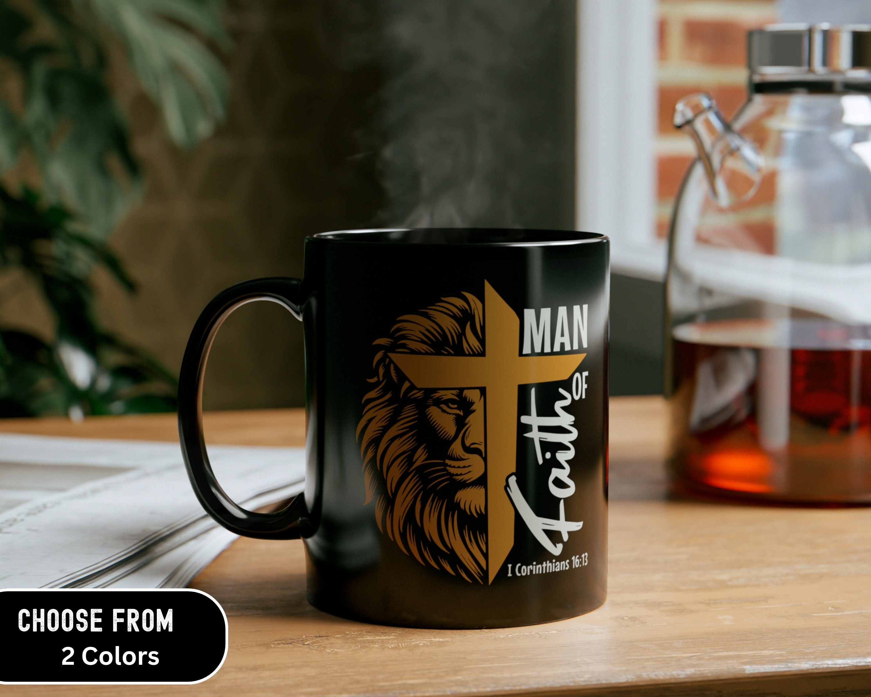 Man of Faith Coffee Mug, Lion and Cross Design, 1 Corinthians 16:13, 11 ...