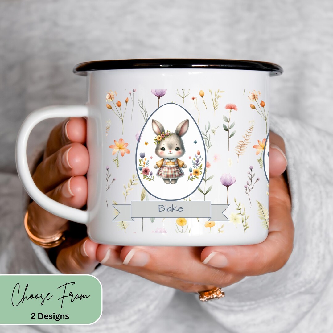 Personalized Easter Enamel Mug, Custom Bunny Name Mug, Cute Happy ...