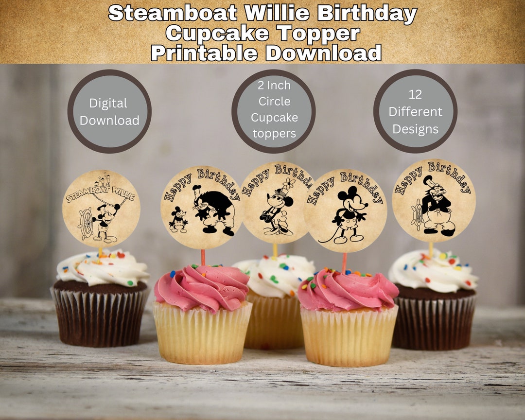Steamboat Willie Birthday Cupcake Topper Printable Download, 12 Designs ...