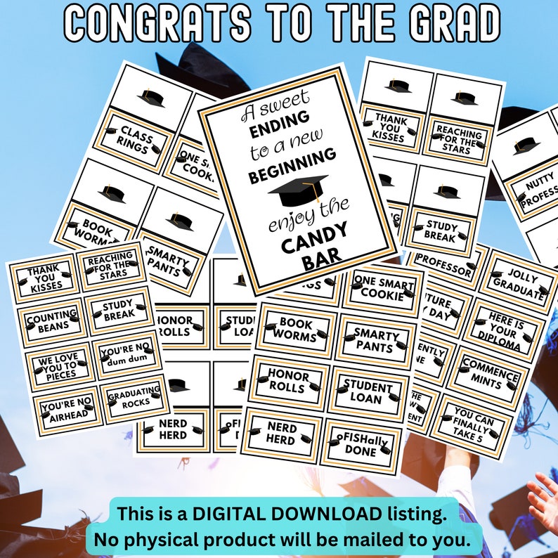 Graduation Candy Buffet Sign and Labels Printable, Black Gold Candy Bar ...