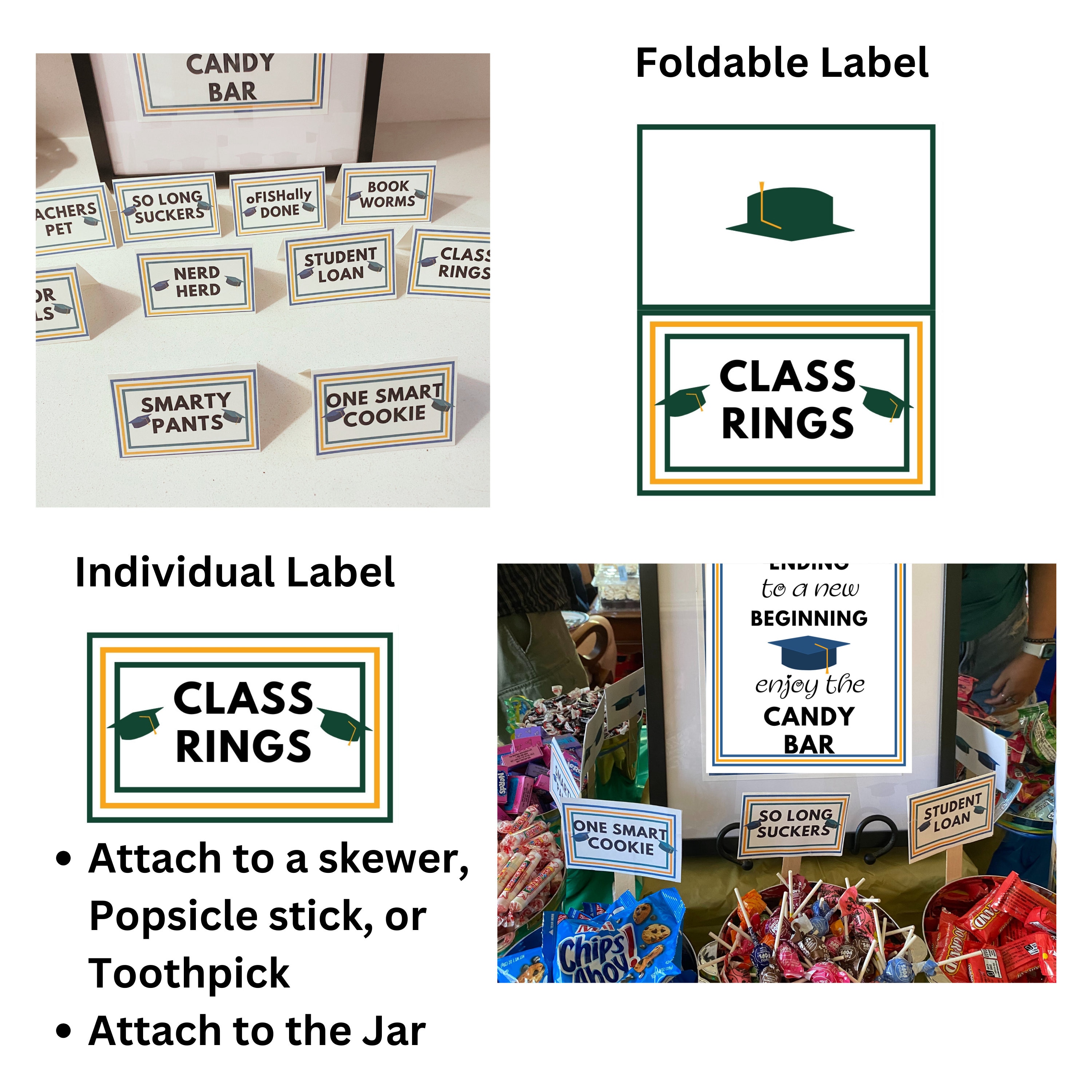 Graduation Candy Buffet Sign and Labels Printable, Green Gold Candy Bar ...