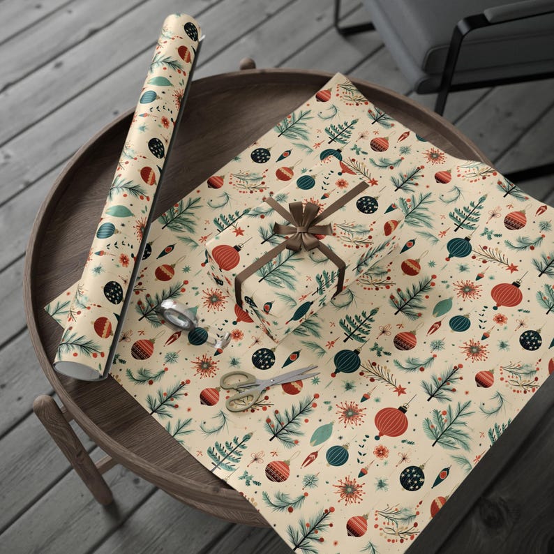 Mid Century Modern Christmas Wrapping Paper, Retro Ornament Gift Wrap ...
