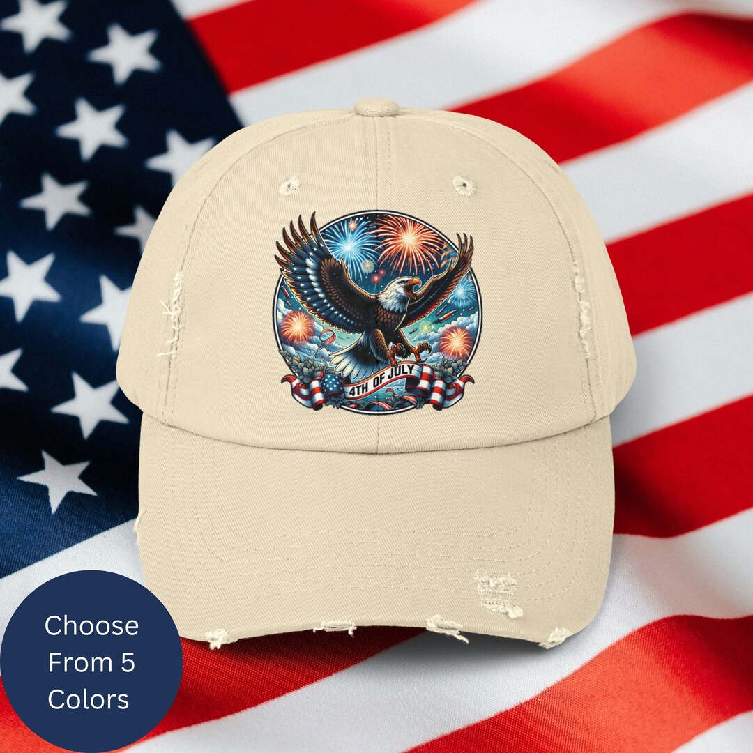 4th of July Eagle Fireworks Distressed Cap, USA Patriotic Hat, USA ...
