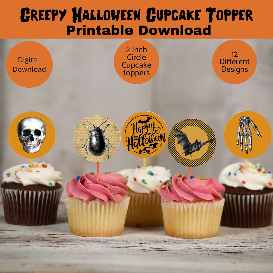 Creepy Halloween Cupcake Topper Printable Download, 12 Designs, 2 Inch ...