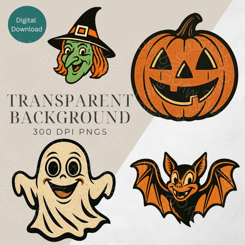 Retro Halloween Clipart Pack – 1950s Vintage Halloween Pngs – Ghost ...