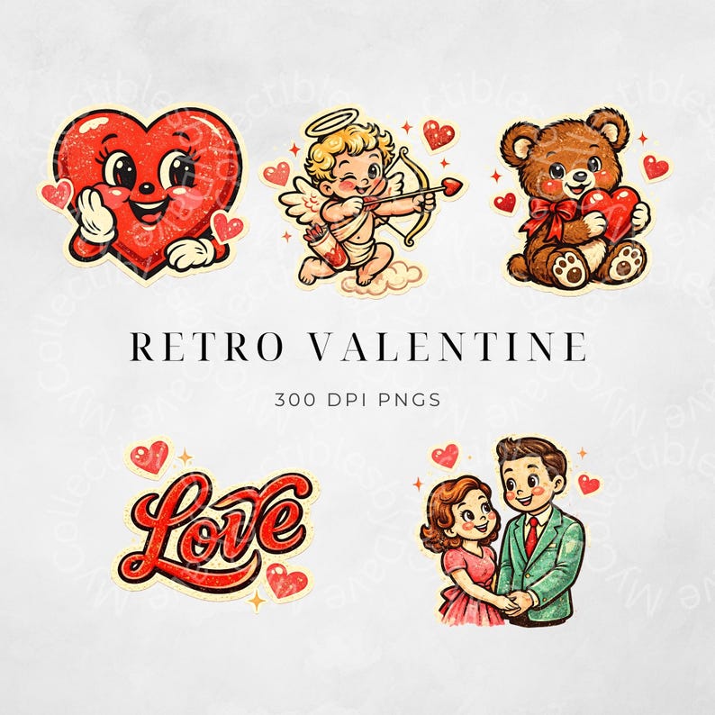 Retro Valentine Clipart Pack – 1950s Vintage Holiday 15 300 Dpi Pngs ...