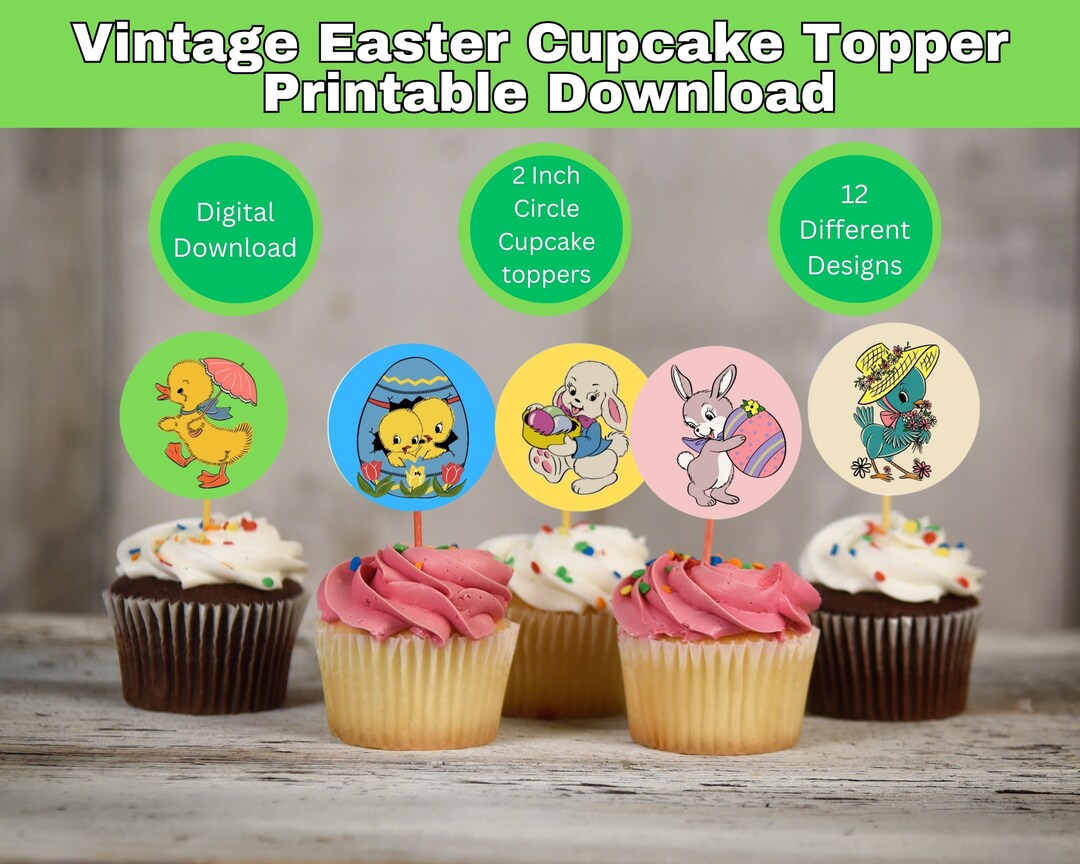 Vintage Easter Cupcake Topper Printable Download, 12 Designs, 2 Inch ...