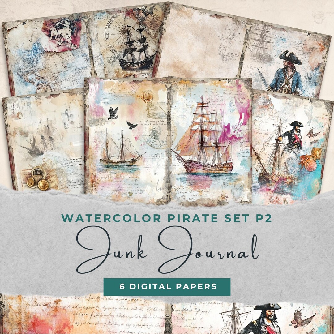 Watercolor Pirate Junk Journal Pages, Vintage Printable Scrapbook Paper ...