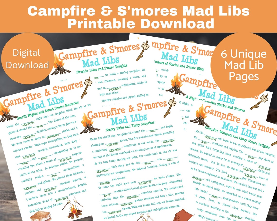 Campfire & S'mores Mad Libs Printable, Campfire Party Games, Printable ...