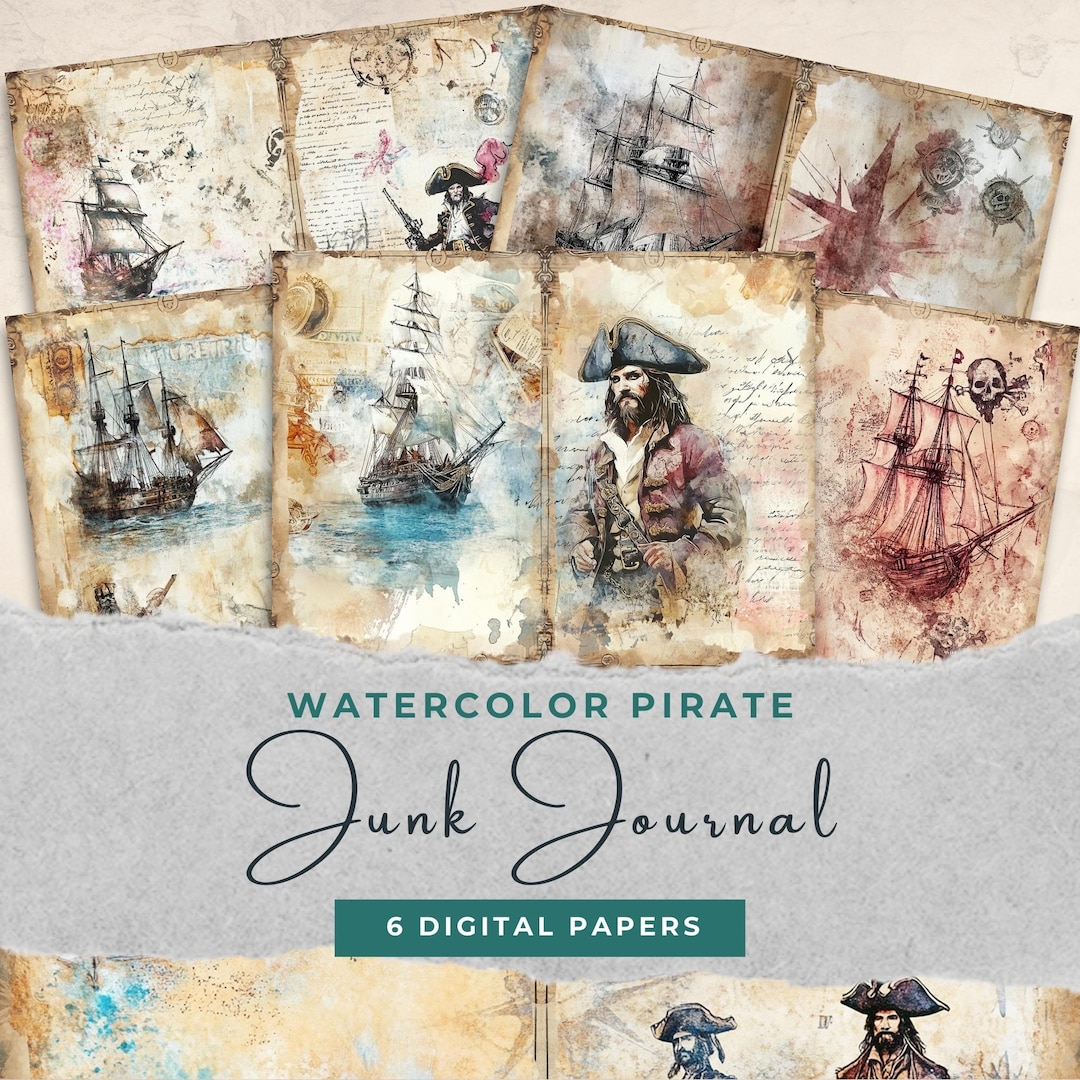 Watercolor Pirate Junk Journal Pages, Vintage Printable Scrapbook Paper ...