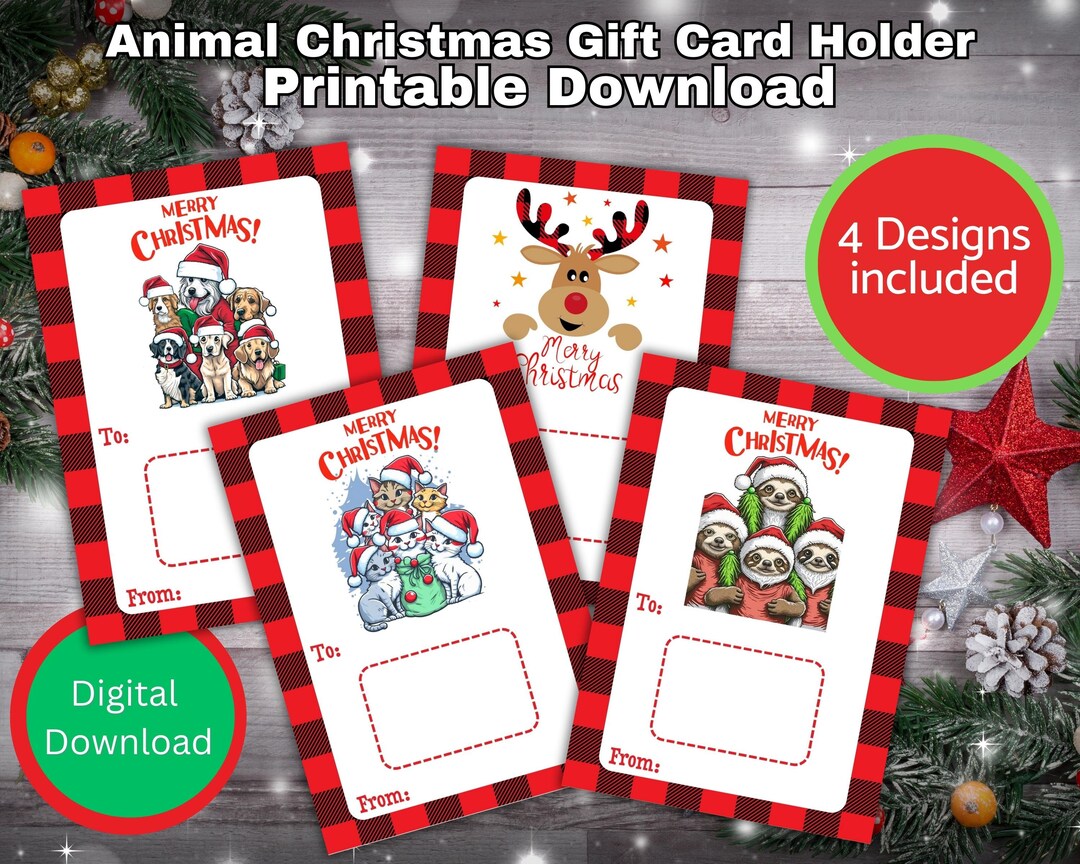 Animal Christmas Gift Card Holder Printable, Gift Card Holder, Instant ...
