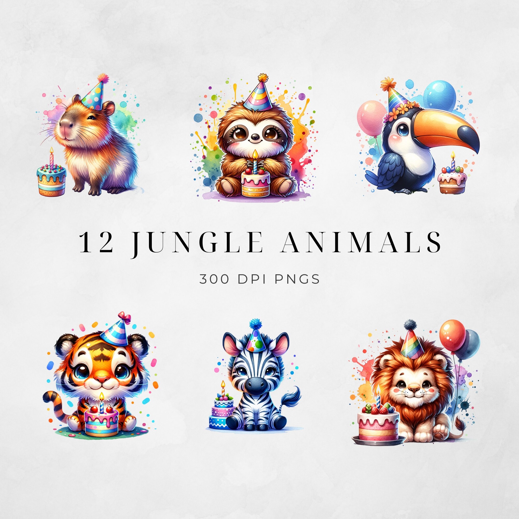 Watercolor Birthday Animals Clipart, Cute Jungle Animals in Birthday ...