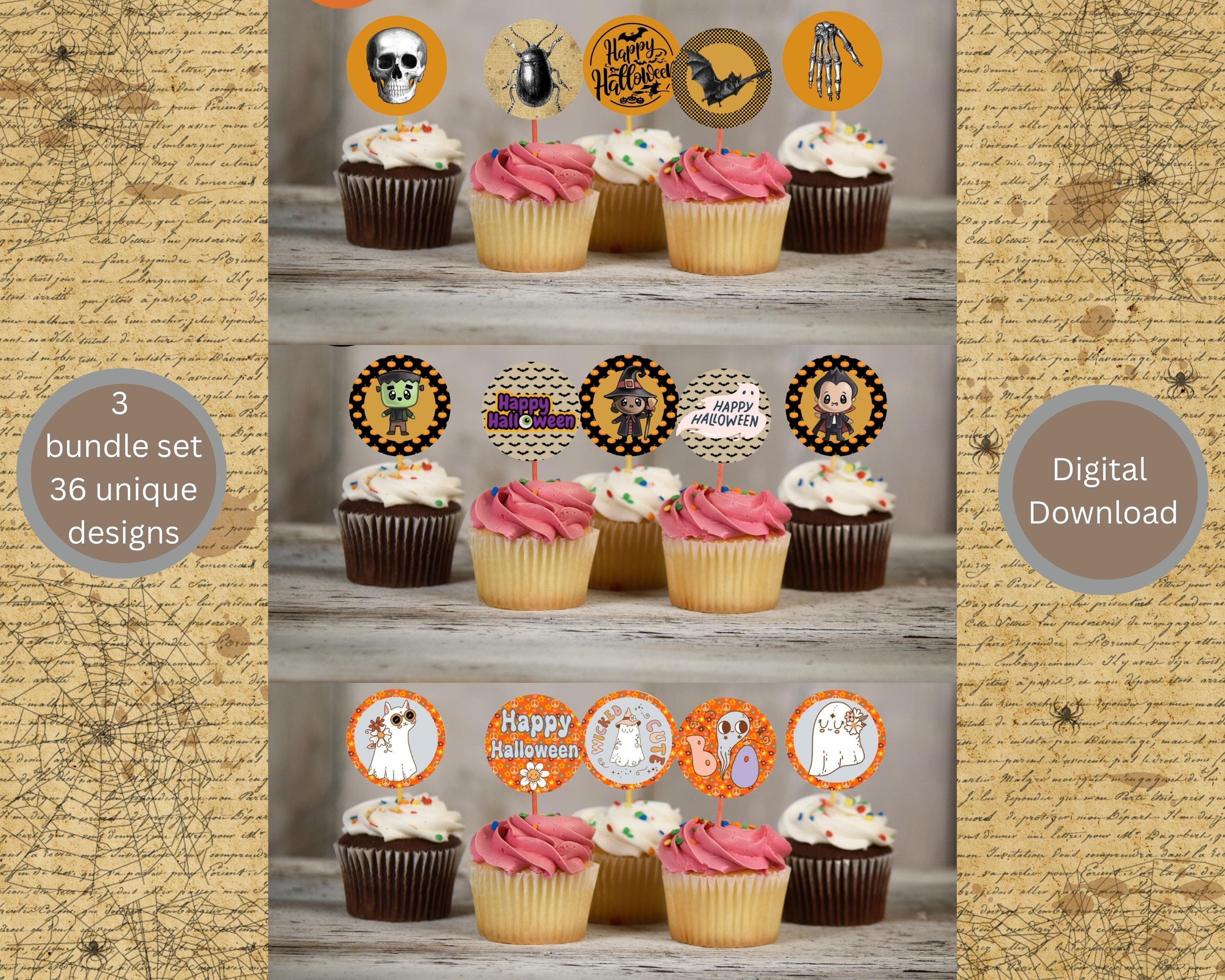 Halloween Cupcake Topper Bundle Printable Download, 36 Designs, 2 Inch ...