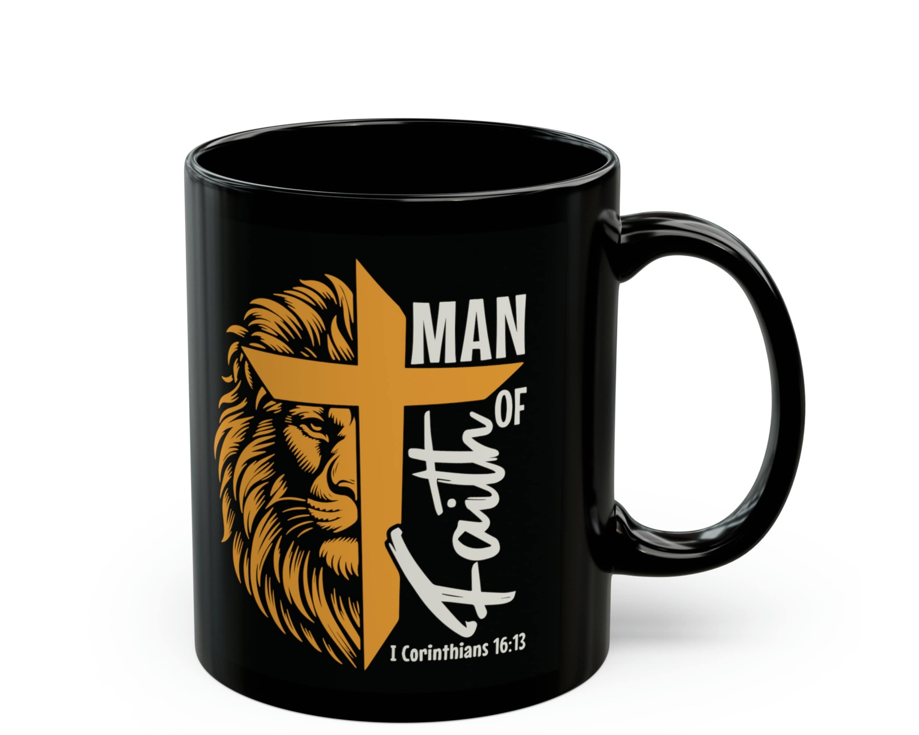Man of Faith Coffee Mug, Lion and Cross Design, 1 Corinthians 16:13, 11 ...