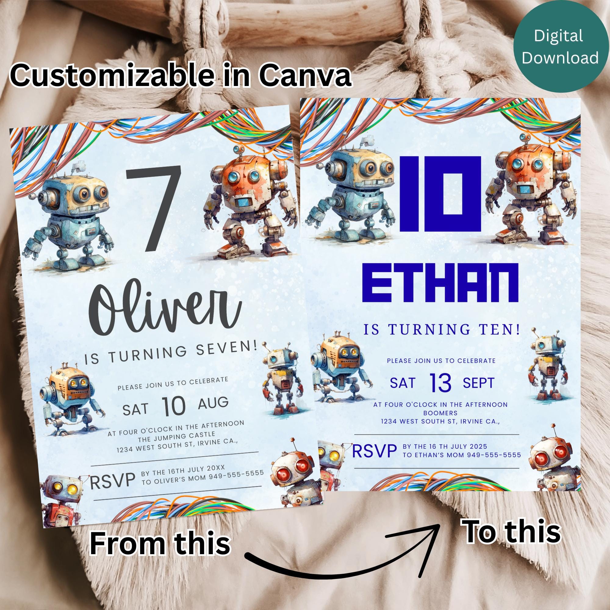 Robot Birthday Invitation, Editable Canva Template, 5x7 Printable ...