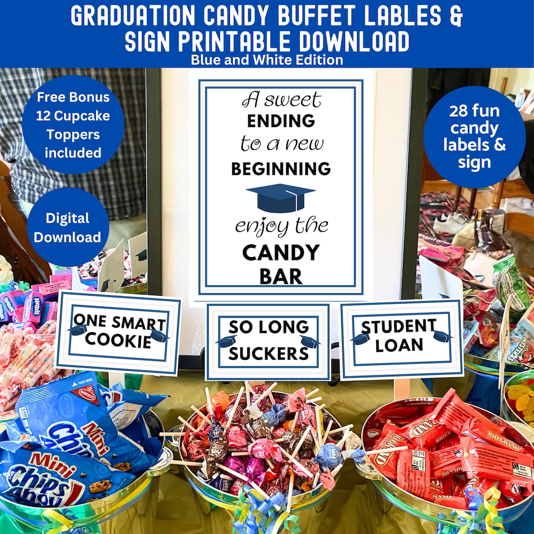 Graduation Candy Buffet Sign and Labels Printable, Blue White Candy Bar ...
