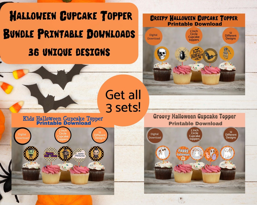 Halloween Cupcake Topper Bundle Printable Download, 36 Designs, 2 Inch ...