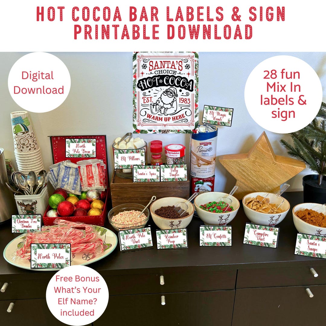 Hot Cocoa Bar Sign and Labels Printable, Christmas Hot Chocolate Bar ...