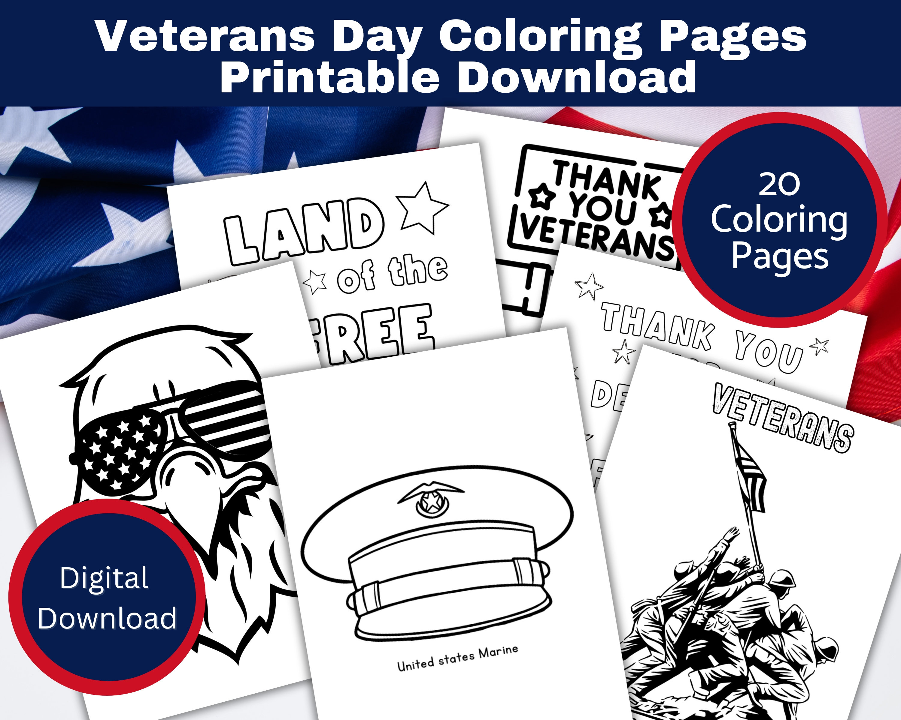 Veterans Day Coloring Pages Printable Download set of 20 Patriotic Kids ...