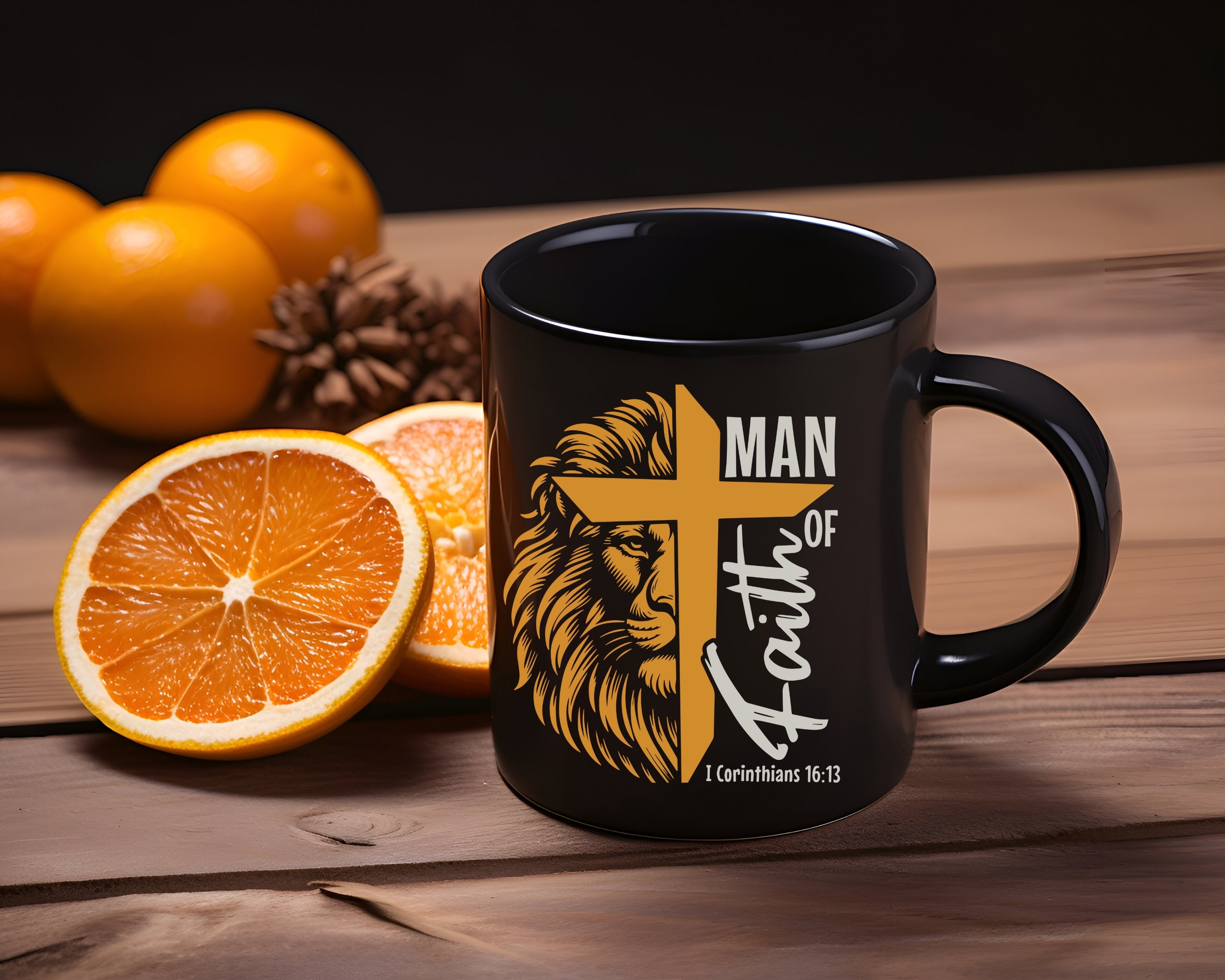 Man of Faith Coffee Mug, Lion and Cross Design, 1 Corinthians 16:13, 11 ...