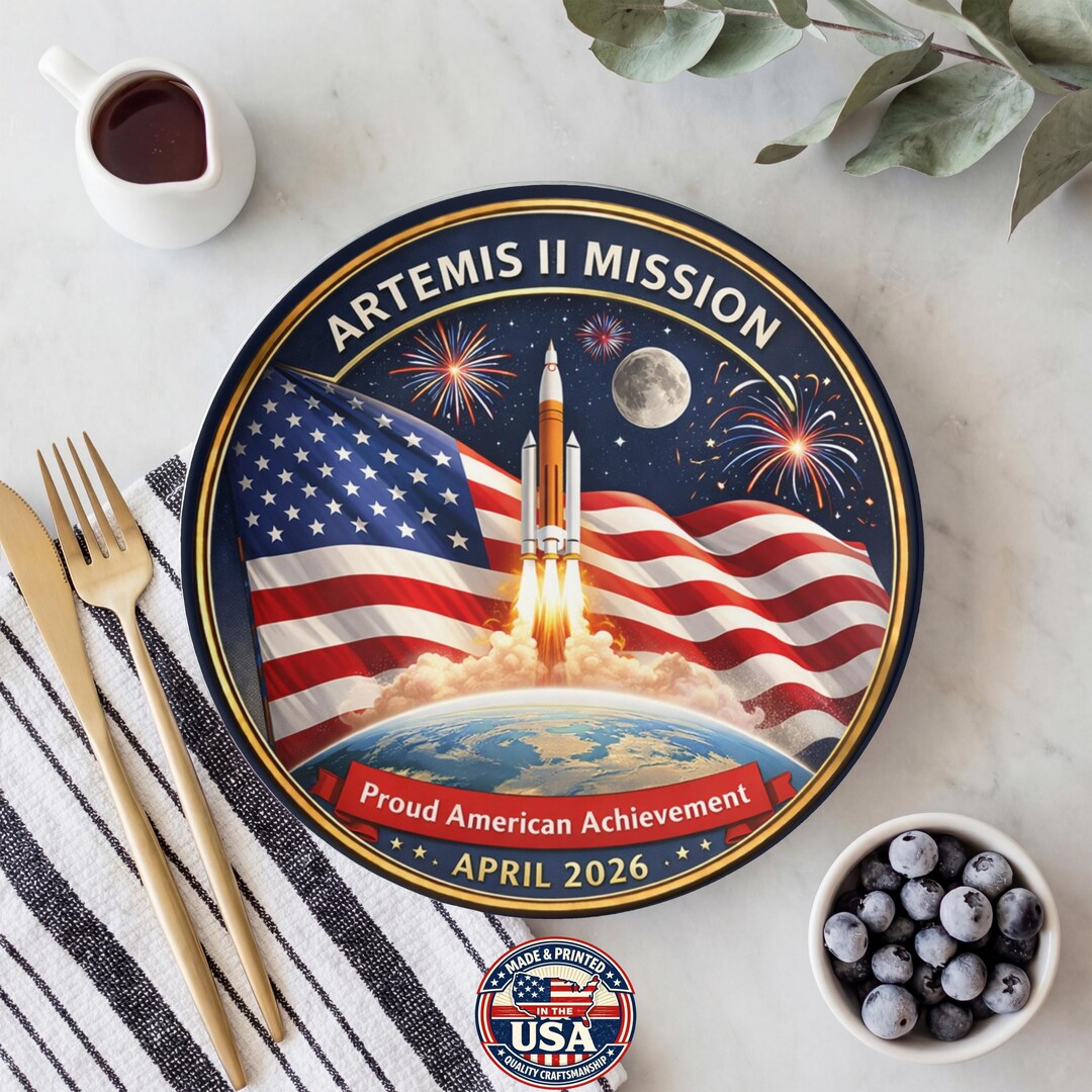 Patriotic Artemis II Plate April 2026, American Flag Rocket Launch ...