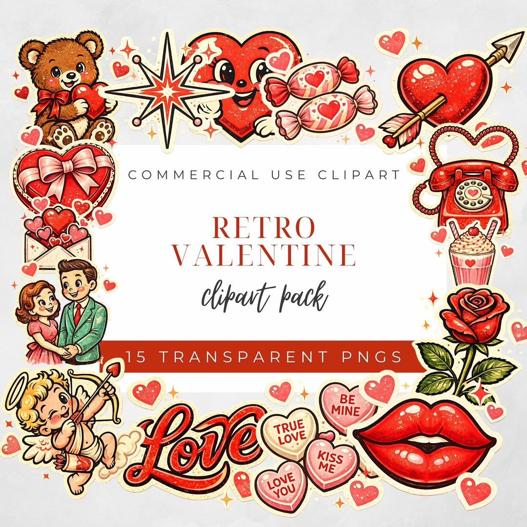 Retro Valentine Clipart Pack – 1950s Vintage Holiday 15 300 Dpi Pngs ...