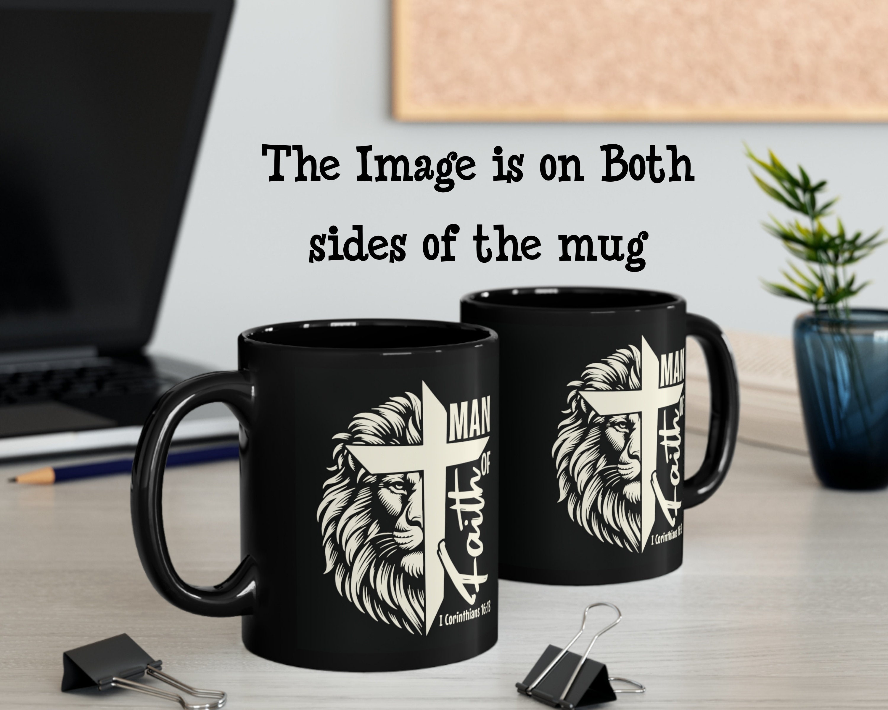 Man of Faith Coffee Mug, Lion and Cross Design, 1 Corinthians 16:13, 11 ...