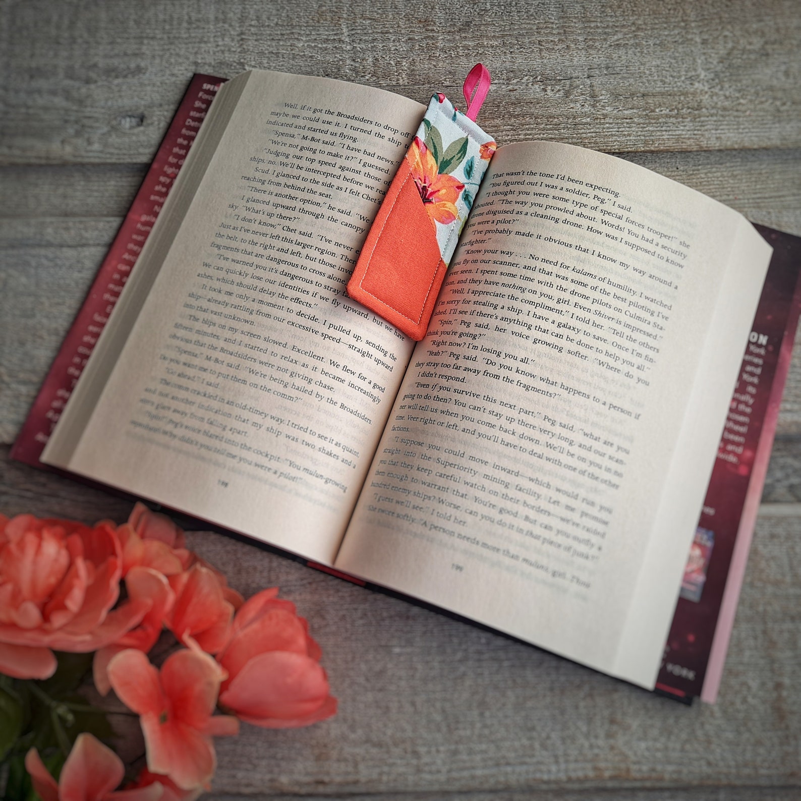 Coral Pink and Blue Floral Fabric Bookmark Cute Quilted Style Handmade ...