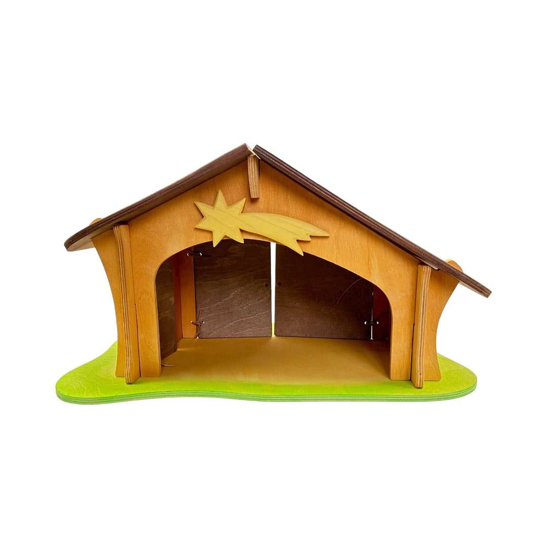 Handcrafted Open Ended Wooden Nativity Stable With Star and Bird Perch ...