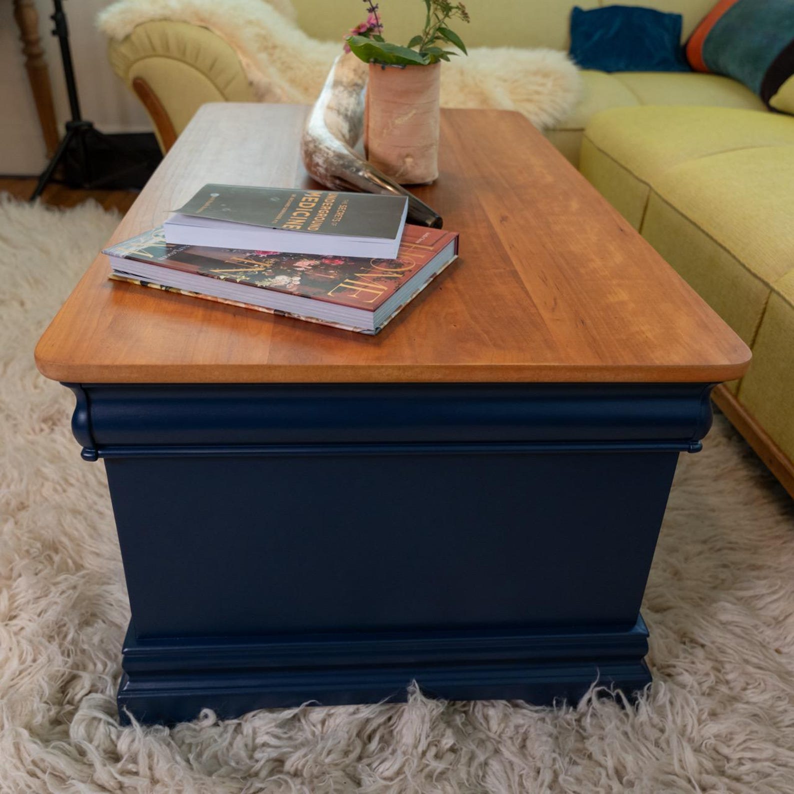 Refinished Solid Wood Navy Blue Coffee Table Home Decor, Cherry Top ...
