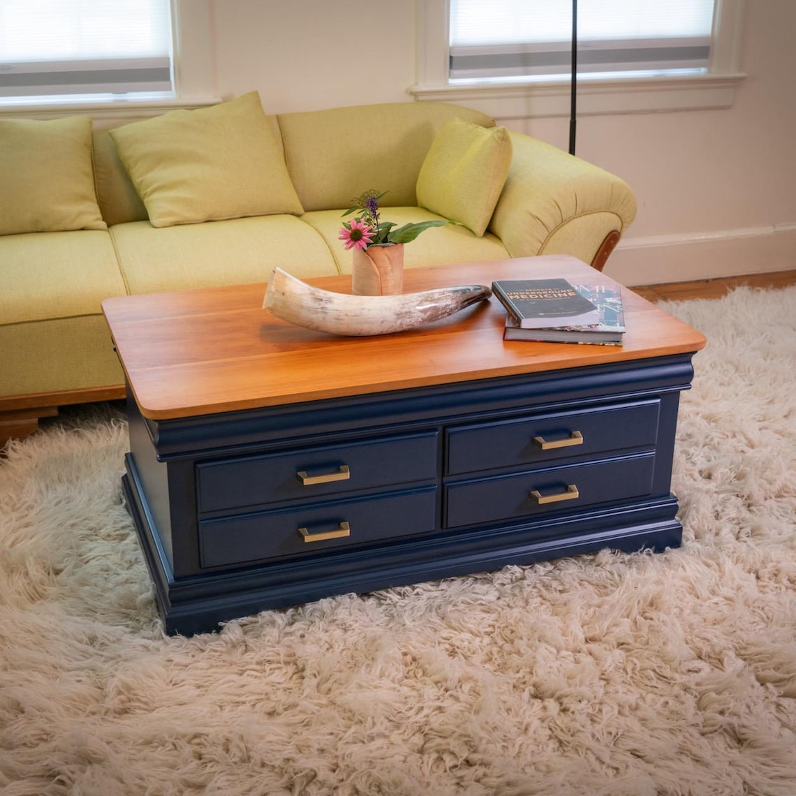 Refinished Solid Wood Navy Blue Coffee Table Home Decor, Cherry Top ...