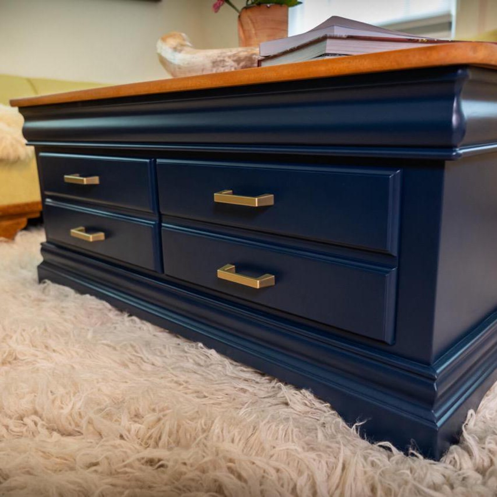 Refinished Solid Wood Navy Blue Coffee Table Home Decor, Cherry Top ...
