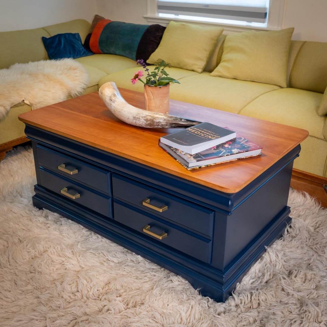 Refinished Solid Wood Navy Blue Coffee Table Home Decor, Cherry Top ...