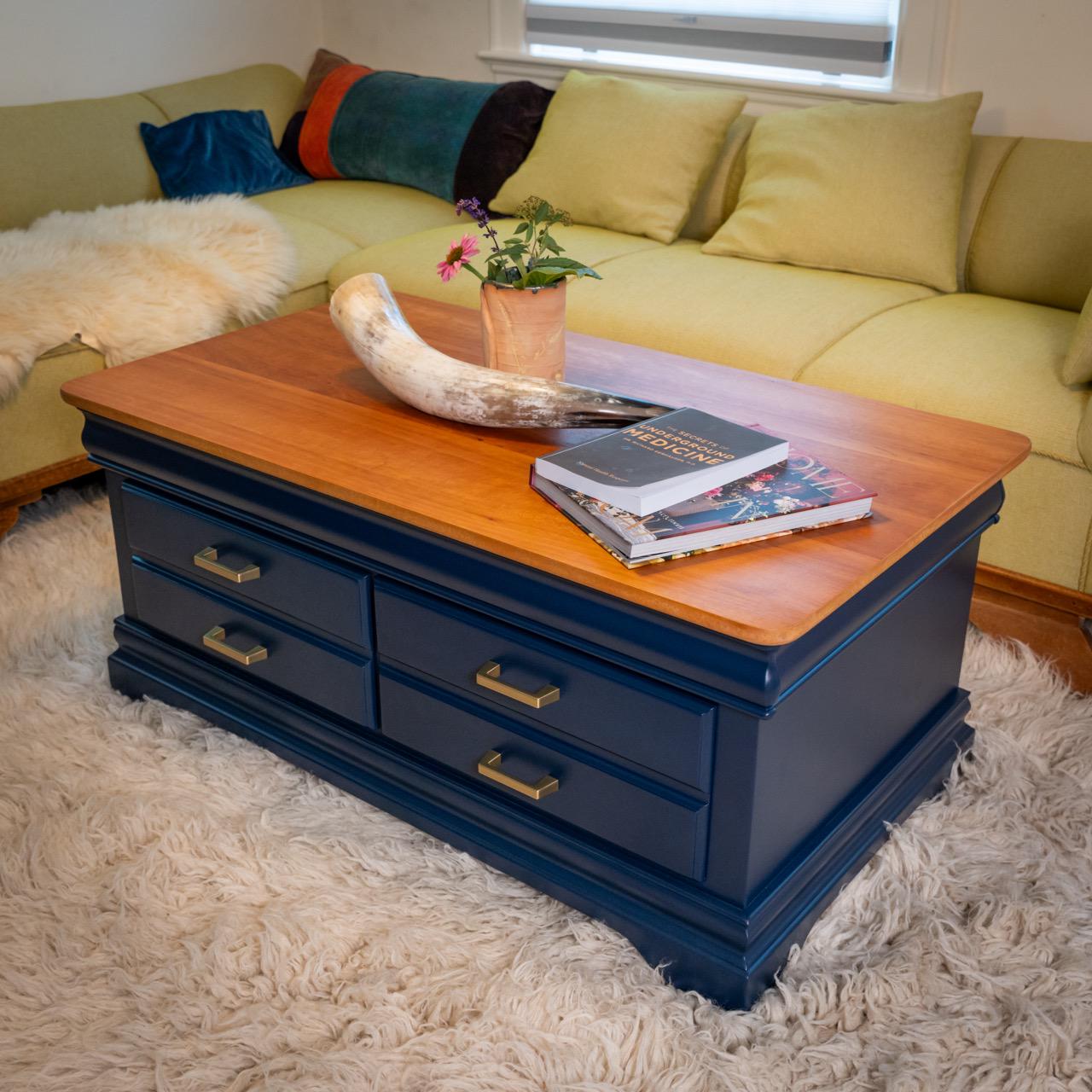 Refinished Solid Wood Navy Blue Coffee Table Home Decor, Cherry Top ...