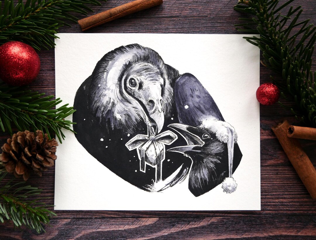 Original Vulture and Crow Christmas Ink Drawing - Etsy