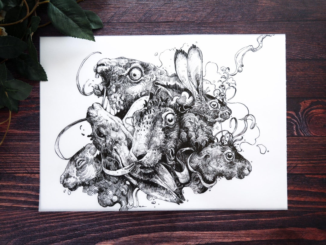 Original - "anxiety" Hare Ink Drawing on Transparent Paper, A4 - Etsy