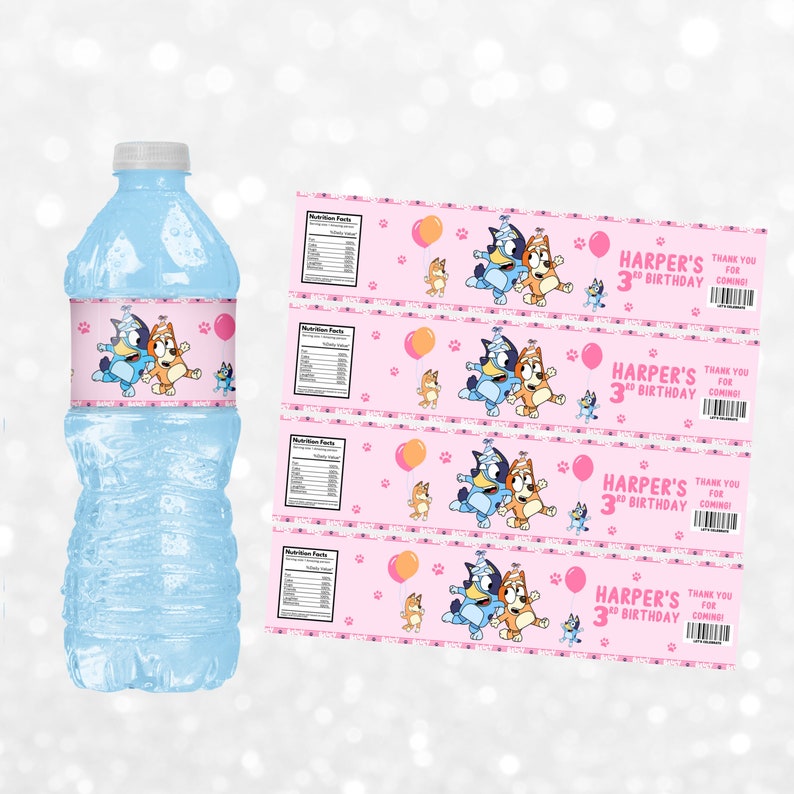 Pink Bluey Water Bottle Label Bluey Party Birthday Editable - Etsy