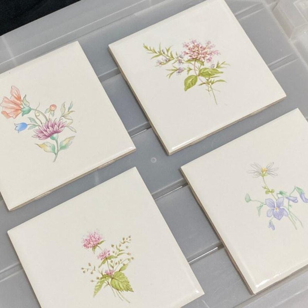 Vintage Floral Flowers Decorative Tiles Ceramic Made in USA 4 Ct ...