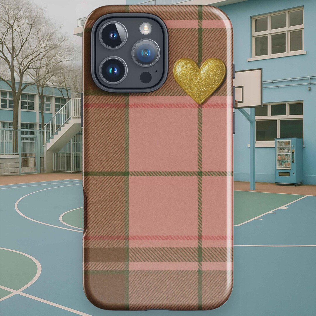 Varsity Check Plaid iPhone Case: Y2K Preppy Pink Brown With Gold Heart ...