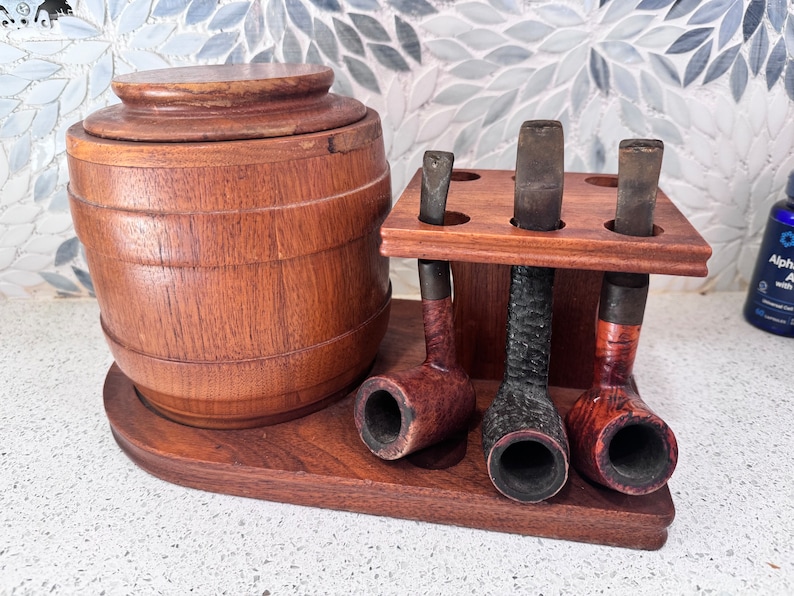 Tobacco Pipe Stand Humidor Jar 6 Rack Double Holder Walnut Brown Wood ...