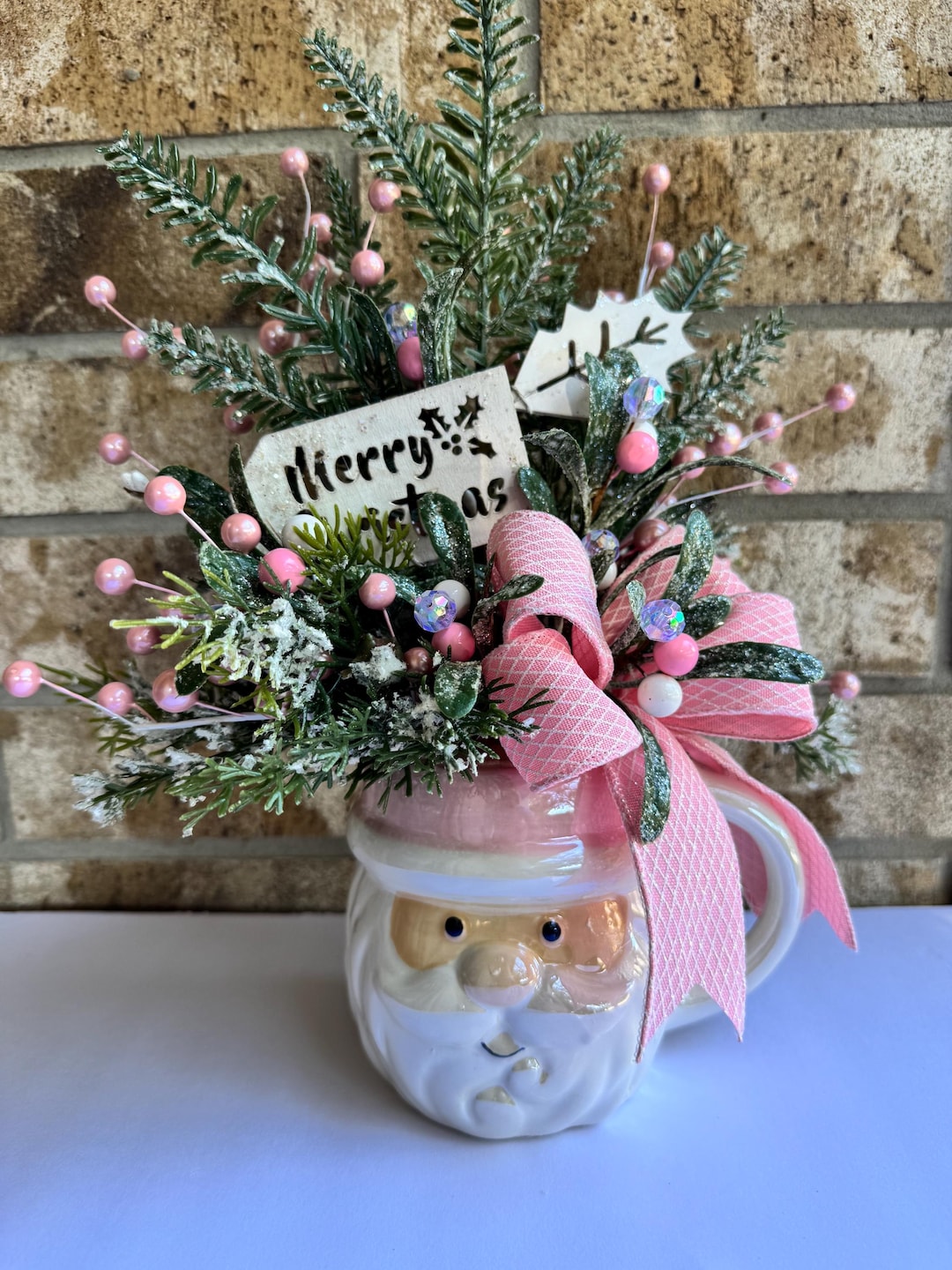 Pink Santa Claus Table Decor, Christmas Floral Arrangement, Santa Claus ...
