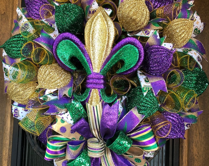 Mardi Gras Wreath for Door, Fleur De Lis Wreath, Mardi Gras Door Hanger ...