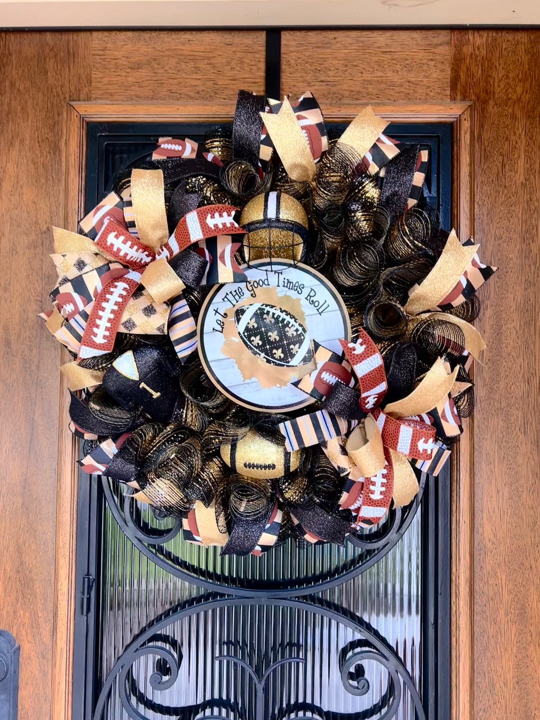 Football Wreath for Front Door, Black and Gold Football Wreath, Fleur ...