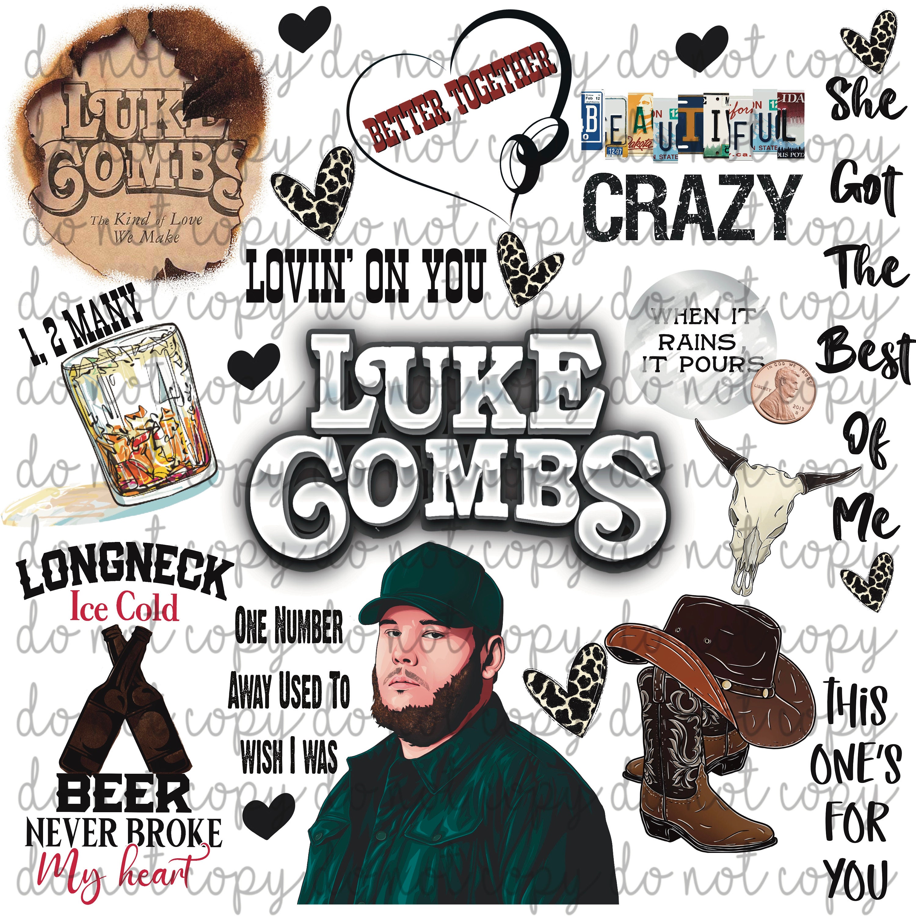 Country Song Lyrics Luke Combs Collage Front and Back Digital PNG ...